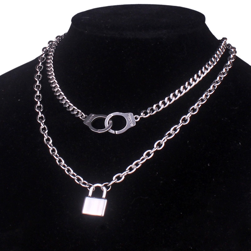 2021 New Punk Gothic Stainless Steel Layered Handcuff Lock Necklaces ...