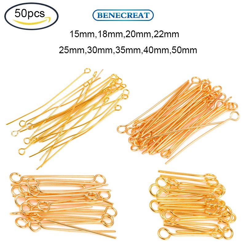 Benecreat 50 pcs 304 Stainless Steel Eye Pins Gold Plated 22mm/ 40mm ...