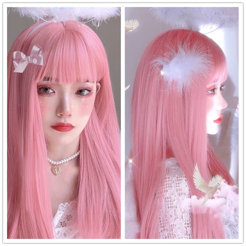 [free gift] Women Wig Bangs Long Straight Pink Human Hair Wig Hairstyle ...