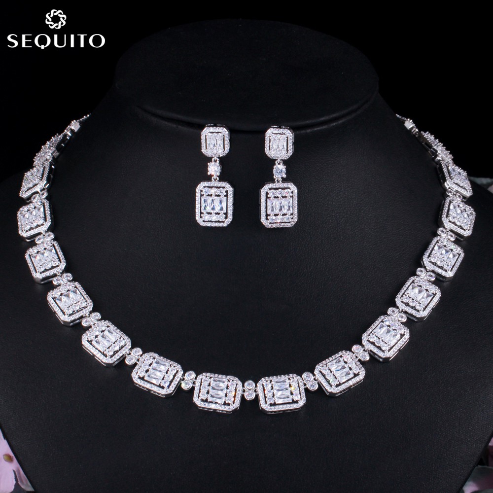 SEQUITO Luxury Silver Color Jewelry Set Cubic Zircon Classic Choker ...