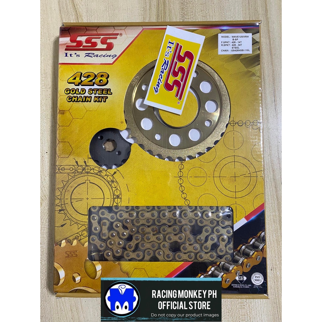 Original SSS Sprocket Chain Set 14T-34T 428H-110L STEEL GOLD (Wave 125 ...