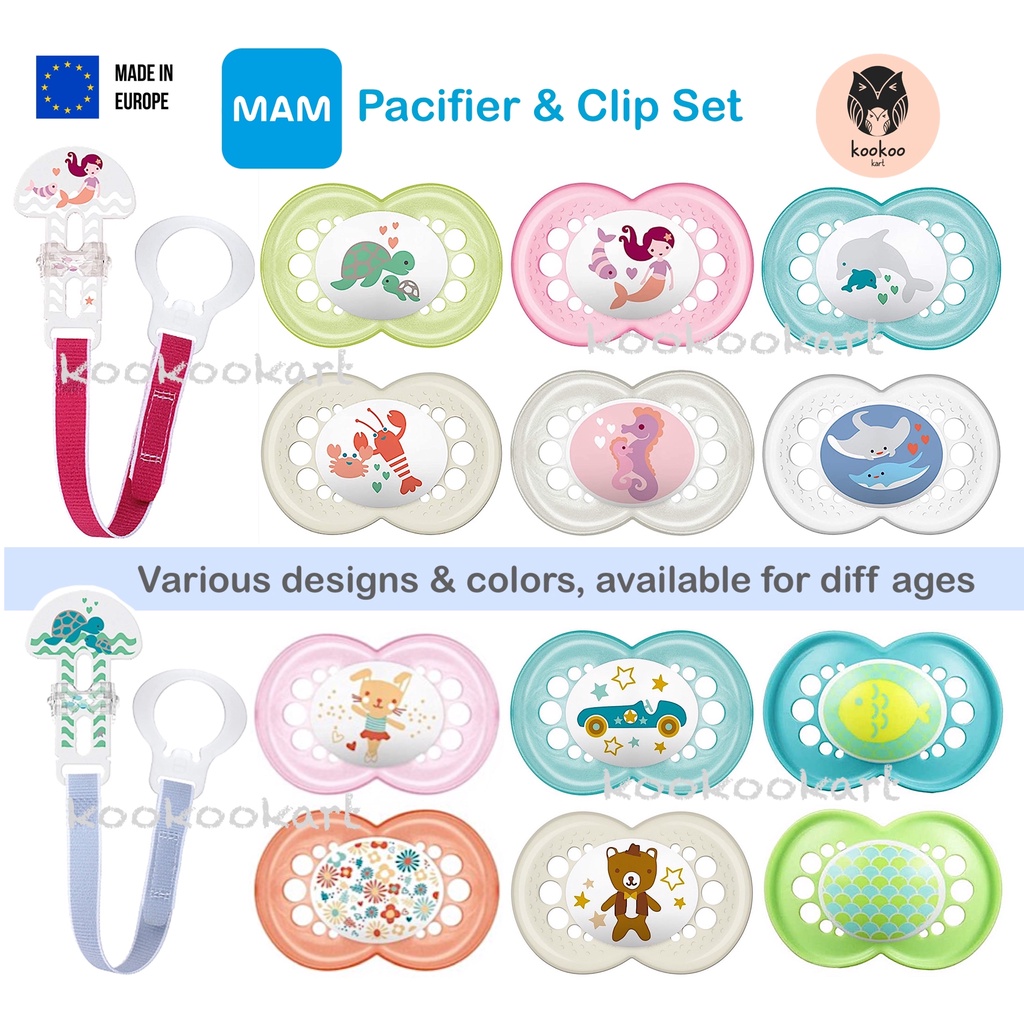 Made in EUROPE MAM Pacifier and Pacifier Clip Set (2 Pacifiers & 1 Clip ...