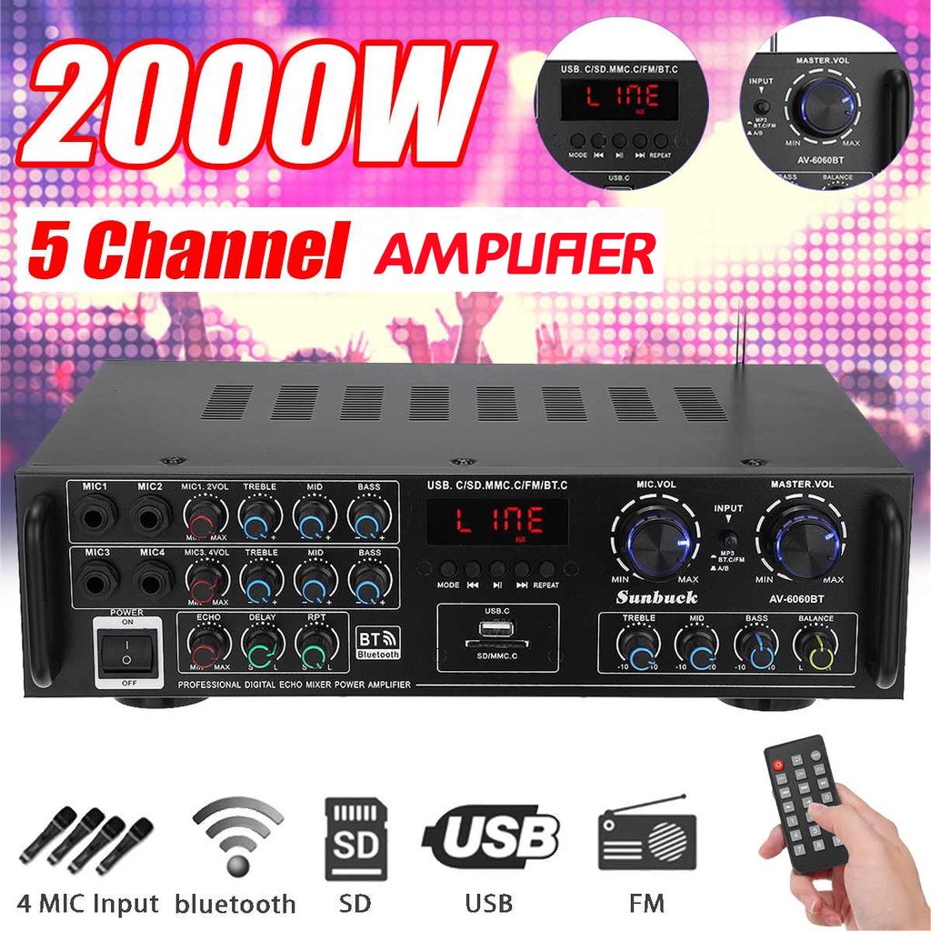 Sunbuck 2000W Power Amplifier Home Bluetooth 5 Channel Stereo Digital Amplifier Karaoke ...