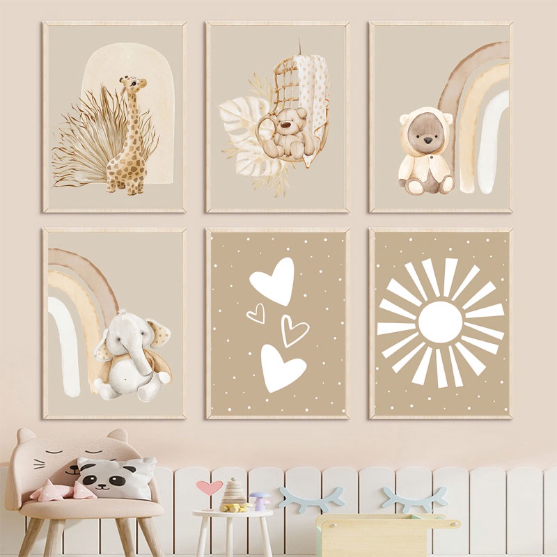 Boho Wall Posters Bear Art Painting Giraffe Wall Pictures Rainbow Art ...
