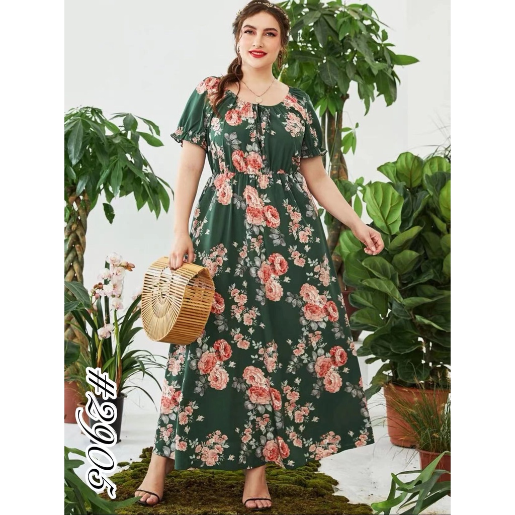 FF Plus Size Floral Print Puff Sleeve Tie Front Dress #2905 | Shopee ...