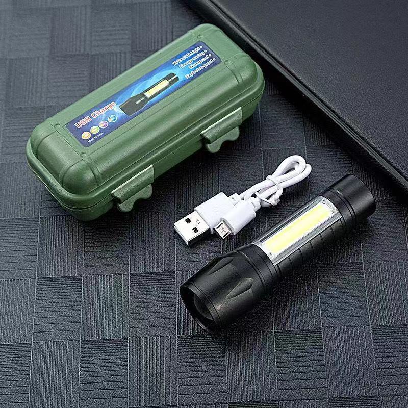Led small flashlight with side light cob strong light telescopic zoom ...