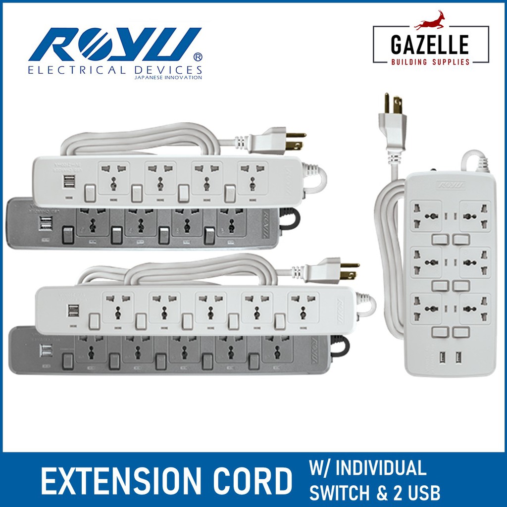 Royu Extension Cord w/ Individual Switches & 2 USB Ports 4 5 6 Gang ...