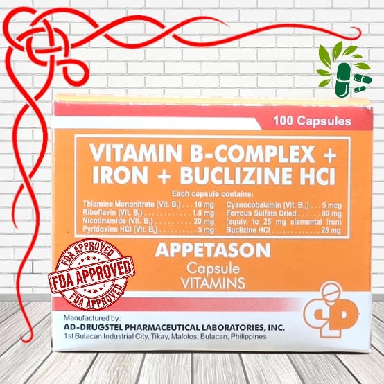 APPETASON (Vitamin B-Complex + Iron + Buclizine HCI) 100 Capsules ...