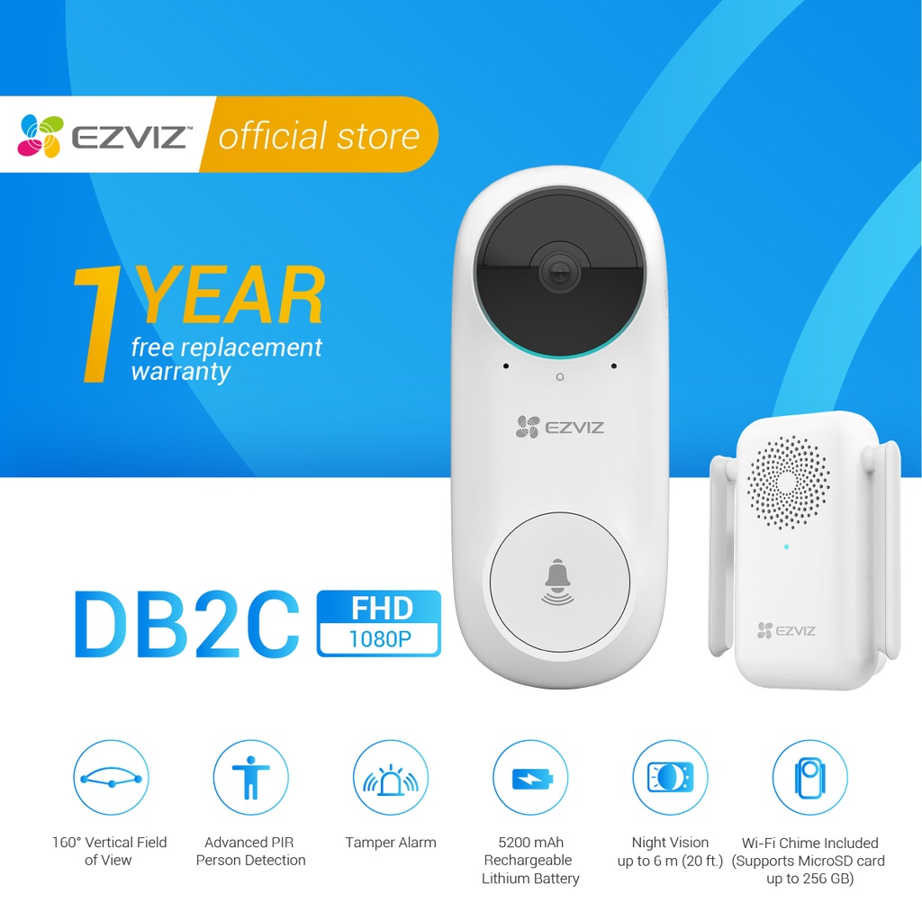 EZVIZ DB2 3MP 2K Smart Battery Video Doorbell with AI Human Detection ...