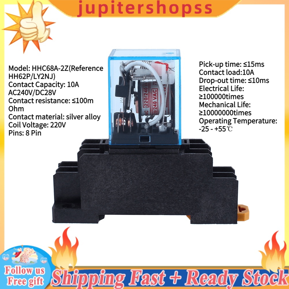 Jupiter Ready New AC 220V Coil Power Relay 10A DPDT LY2NJ HH62P HHC68A-2Z With Socket Base ...