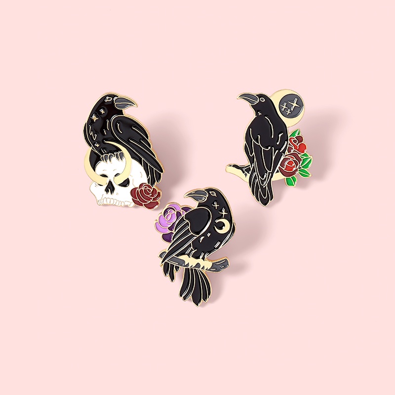 Gothic Crow Enamel Pins Starry Raven Skull Punk Brooches Lapel Pin ...