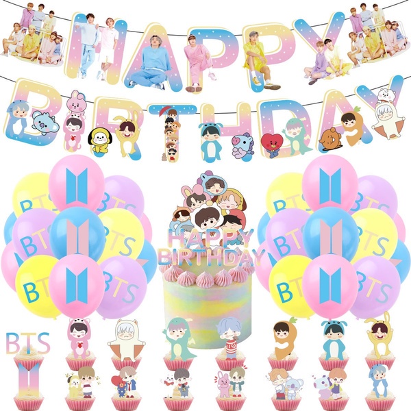 BTS Birthday Party Supplies Set, Birthday Banner, Balloons,Cake Topper ...