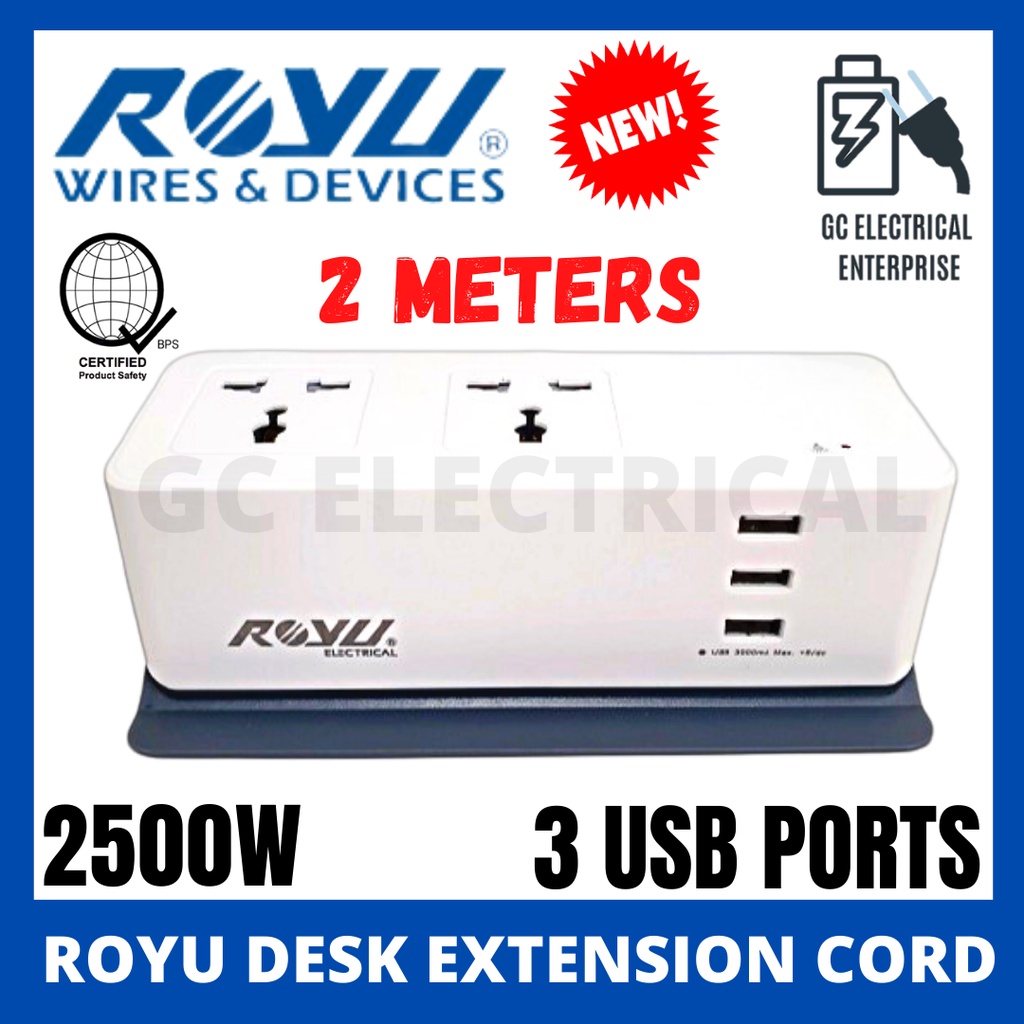 Royu Desk Extension Cord with 2 Gang Outlet and 3 USB Ports - REDEC432 ...