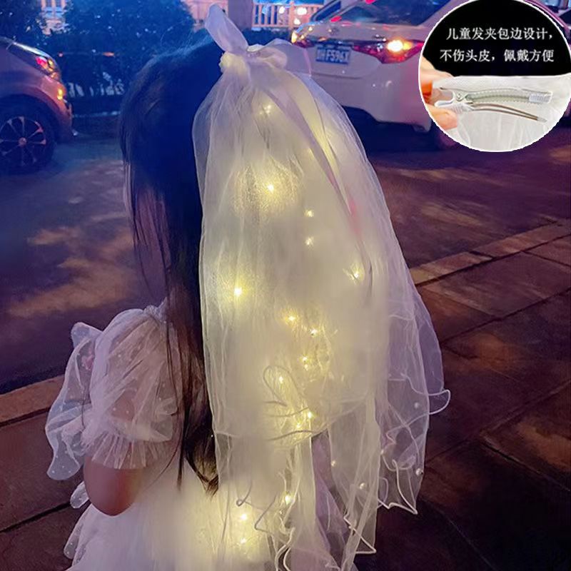 Double-layer LED Lighting Veil Crown Bowknot Pearl Lighted Birthday ...