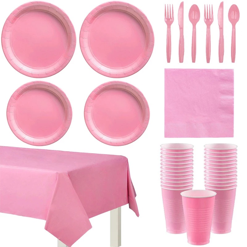 Pink Plastic Decorations Wedding Party Decors Disposable Tableware Kit ...