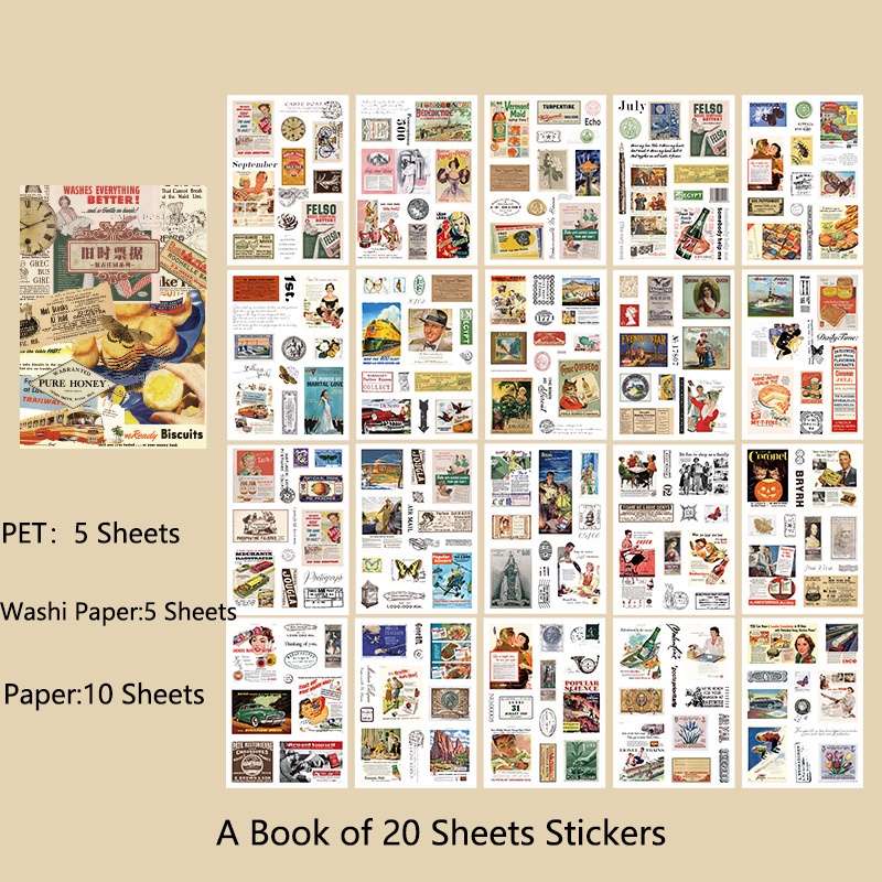 Journamm 20 Pages Vintage Stickers Book DIY Scrapbooking Supplies Ins ...