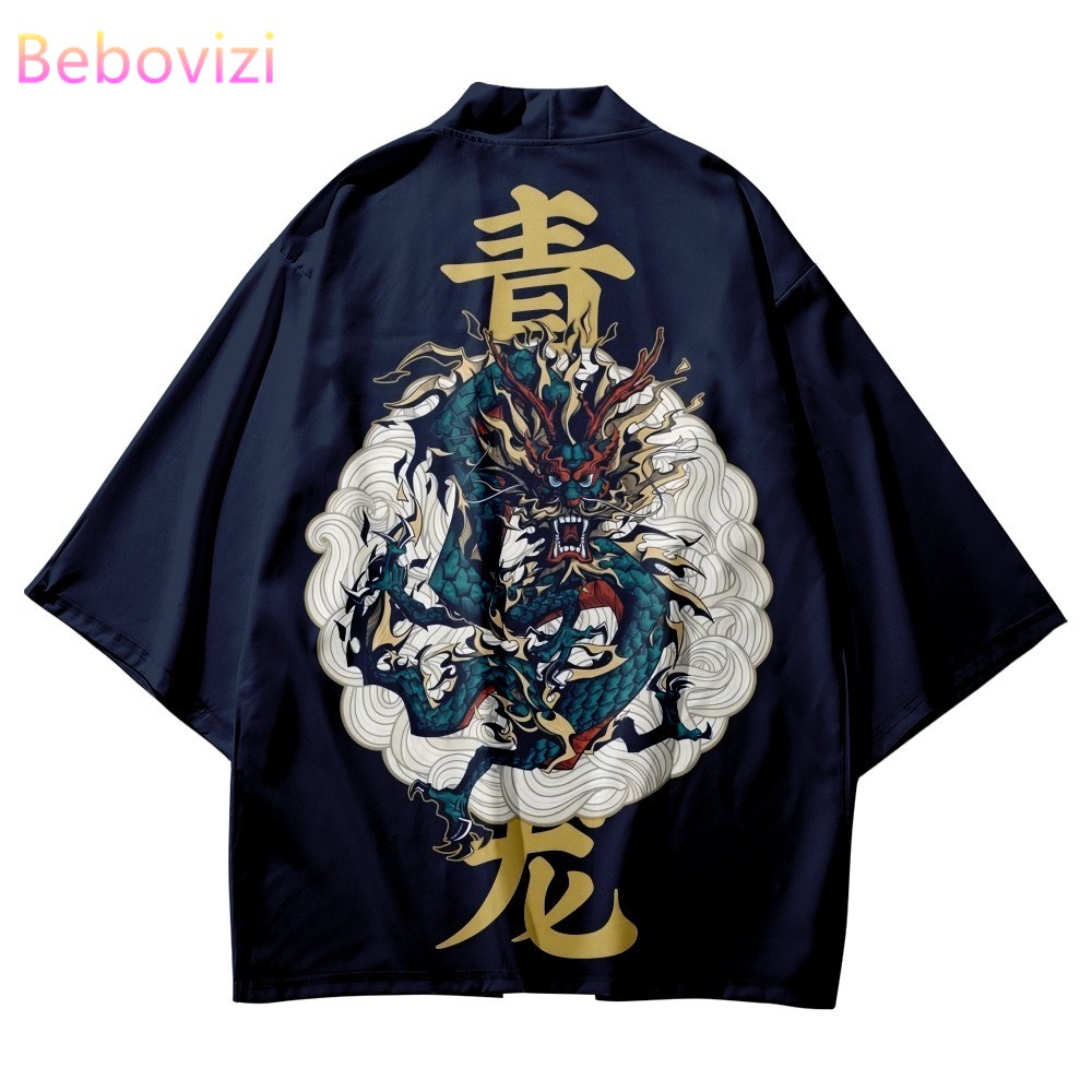 Fashion Dragon Print Black Shirts Traditional Kimono Men Women Yukata ...