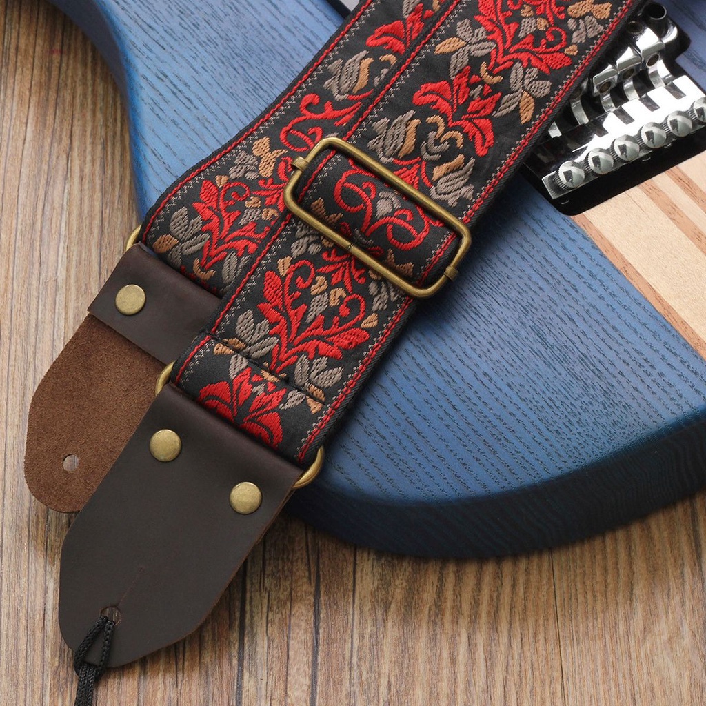 Black & Red Vintage Flowers Guitar Strap Genuine Leather Head Stripes ...