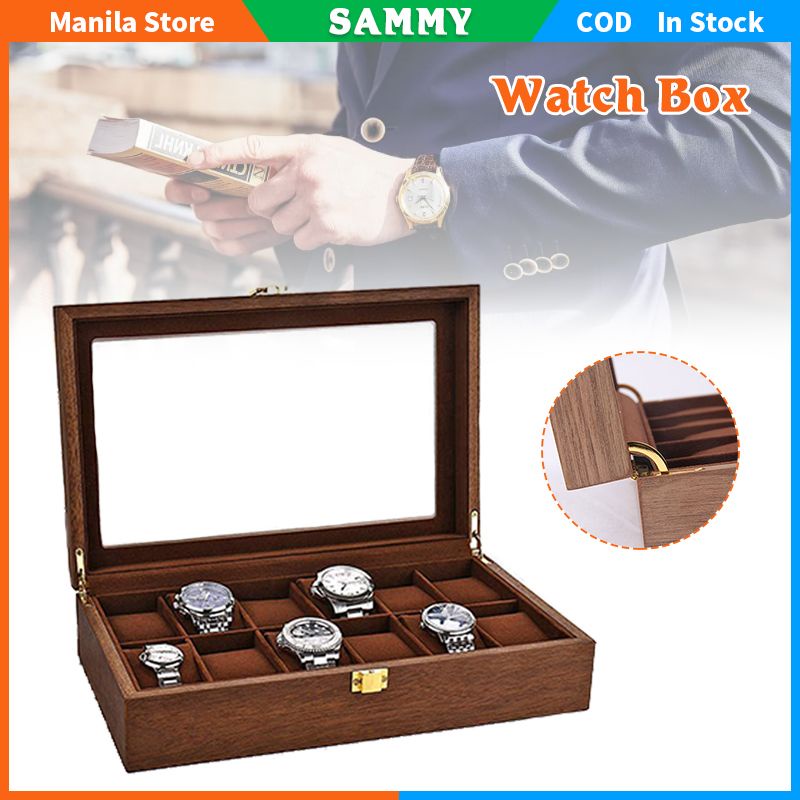 12 Grids Retro Wooden Watch Box Walnut Grain Watch Display Box Watches ...