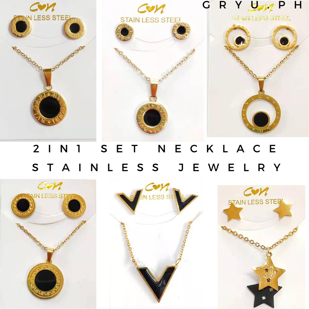 2in1 Set Stainless Gold Necklace and Earrings Women's Jewelry Fashion ...