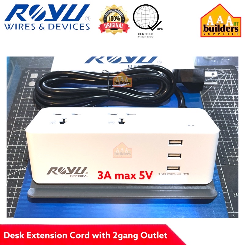 Royu Desk Extension Cord with 2 gang outlet and 3 USB port (3A max ...