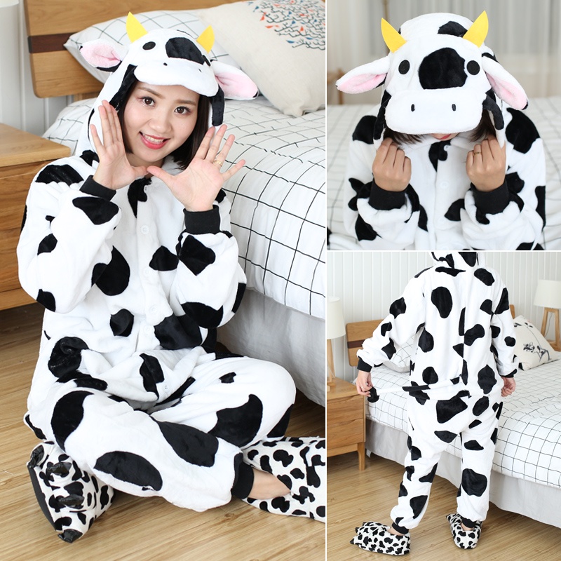 Cow Animel Cosplay Kigurumi Adults Women Pajamas Winter Warm Onesies ...