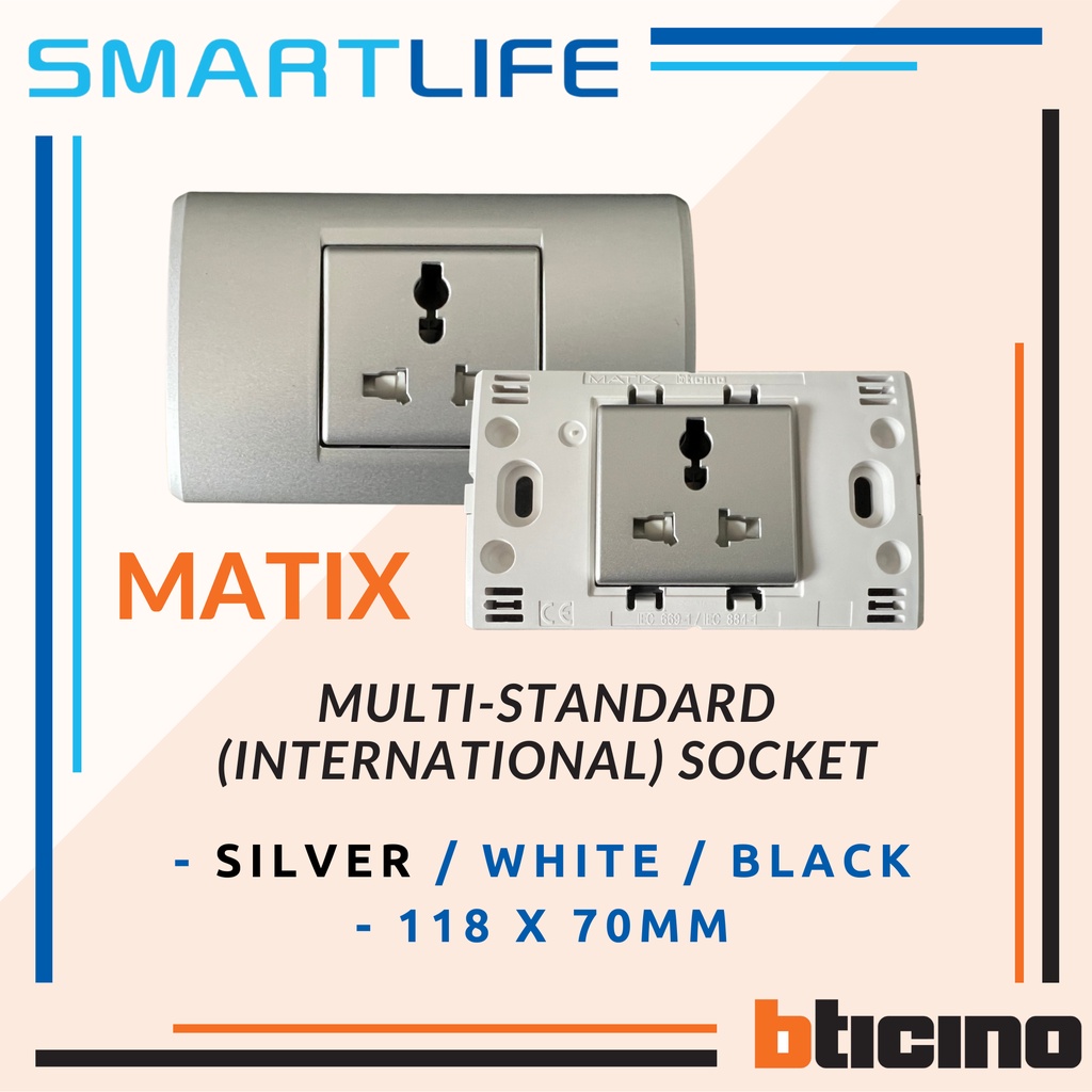 Bticino Matix 1 Gang Multi-Standard International Socket Outlet Euro-Us 15A 250V with Safety ...
