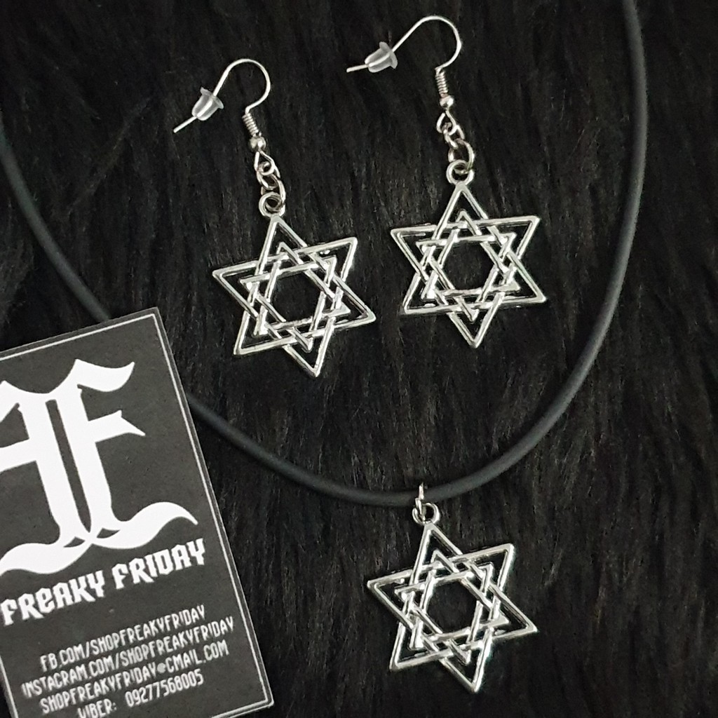Double Star of David Charm Choker Earring - Gothic Hexagram Jewish ...
