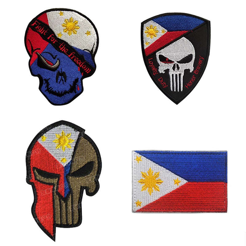 1pc 3D Embroidered Badge Hook and Loop Philippines Flag Punisher Skull Shield Embroidered Cloth ...
