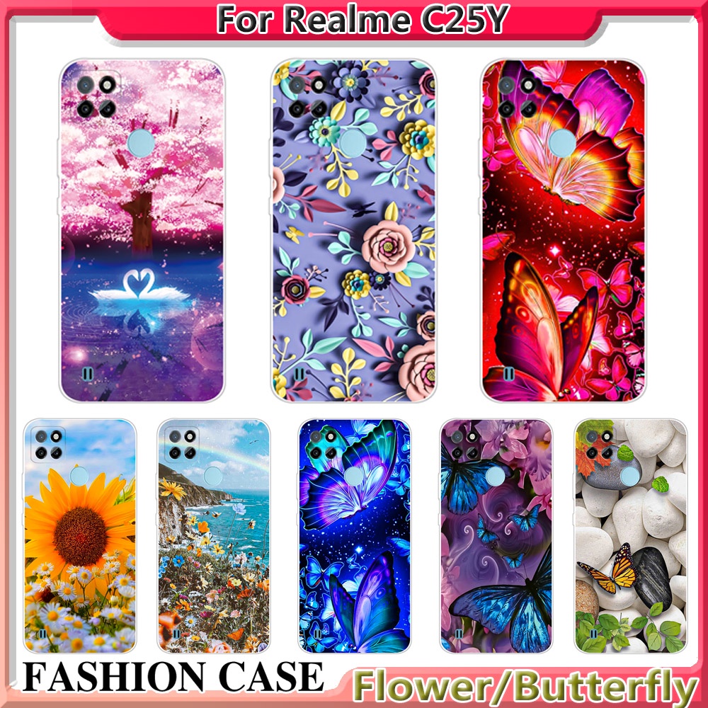 Realme C25Y Case Silicone TPU Jelly Case Flower Butterfly Design Phone ...