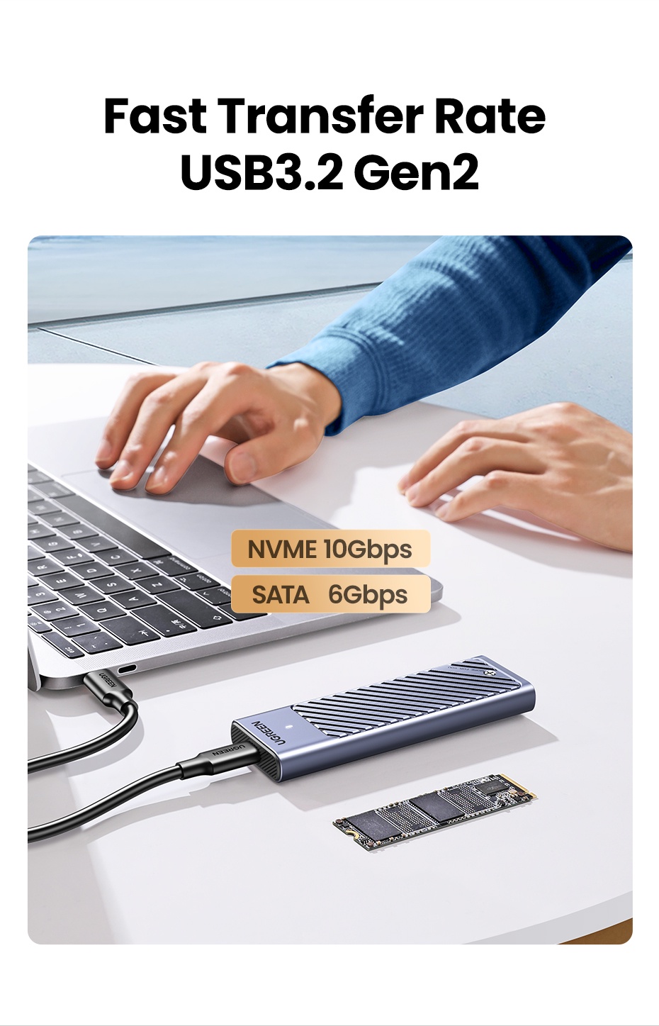 UGREEN M.2 NVMe SATA SSD Enclosure Adapter 10Gbps USB 3.2 Gen2 USB C ...