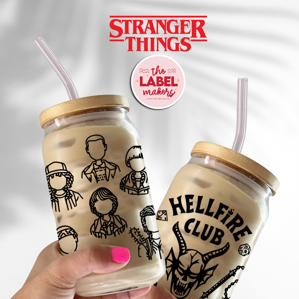 Stranger Things Glass Can Mug with Lid & Straw Hellfire Club, Eleven ...