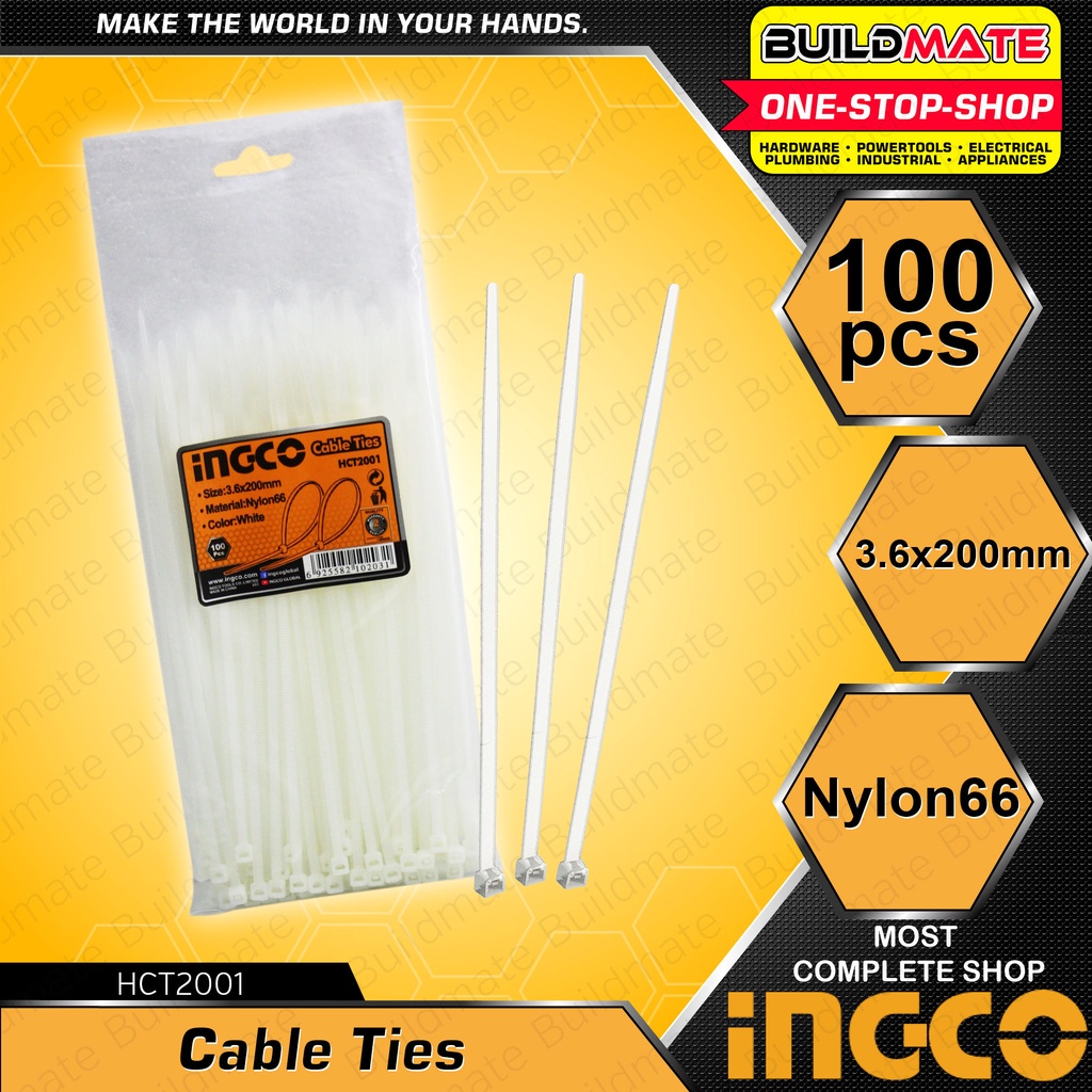 Buildmate x INGCO 8" Nylon Cable Tie White 200mm 100pcs/Set HCT2001 100 ...