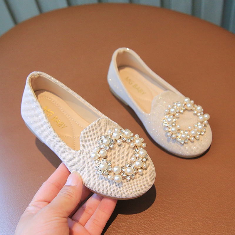 Elegant All-match Girls Leather Flat Shoes Pearl Slip-on Anti-slippery ...