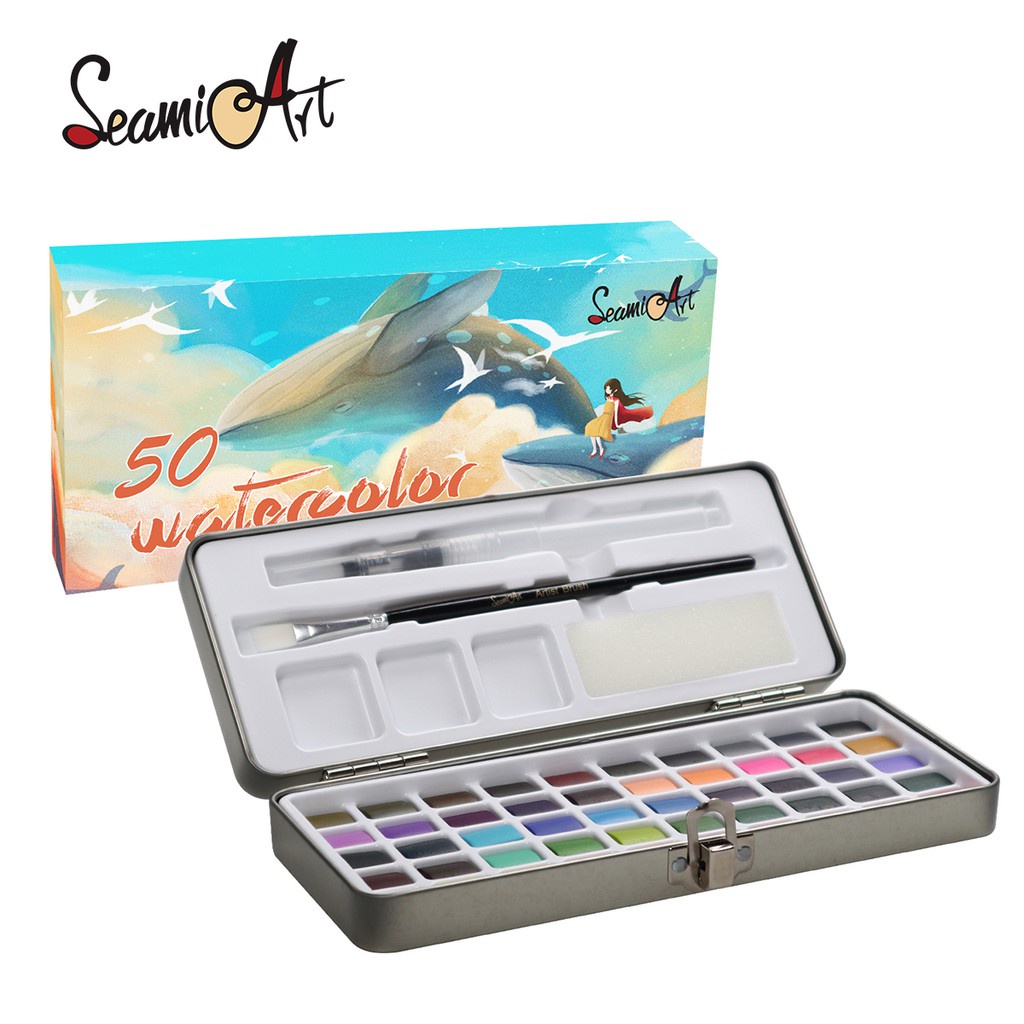 【In Stock】50 Colors Solid Watercolor Gift Set with 6Pcs Detail Painting ...