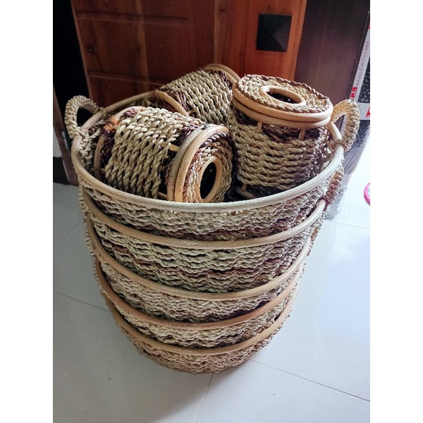 5 big trays and 3 pcs tissue holder made of buri rope and rattan ...