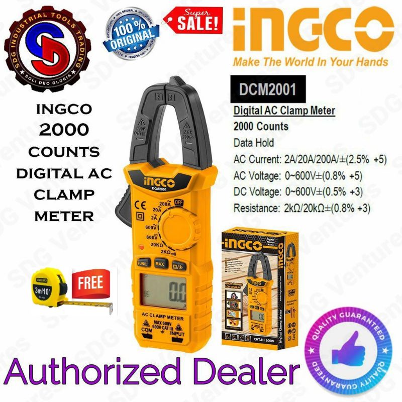 INGCO 2000 Counts Digital AC Clamp Meter (DCM2001) with FREE 3m ...