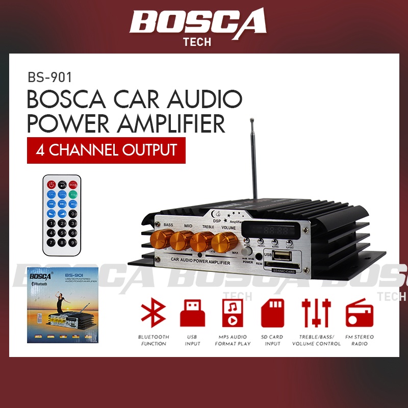 BOSCA Car Audio Power Amplifier 4 Channel output with Bluetooth BS-901 DC12V INPUT USB SD FM MP3 ...