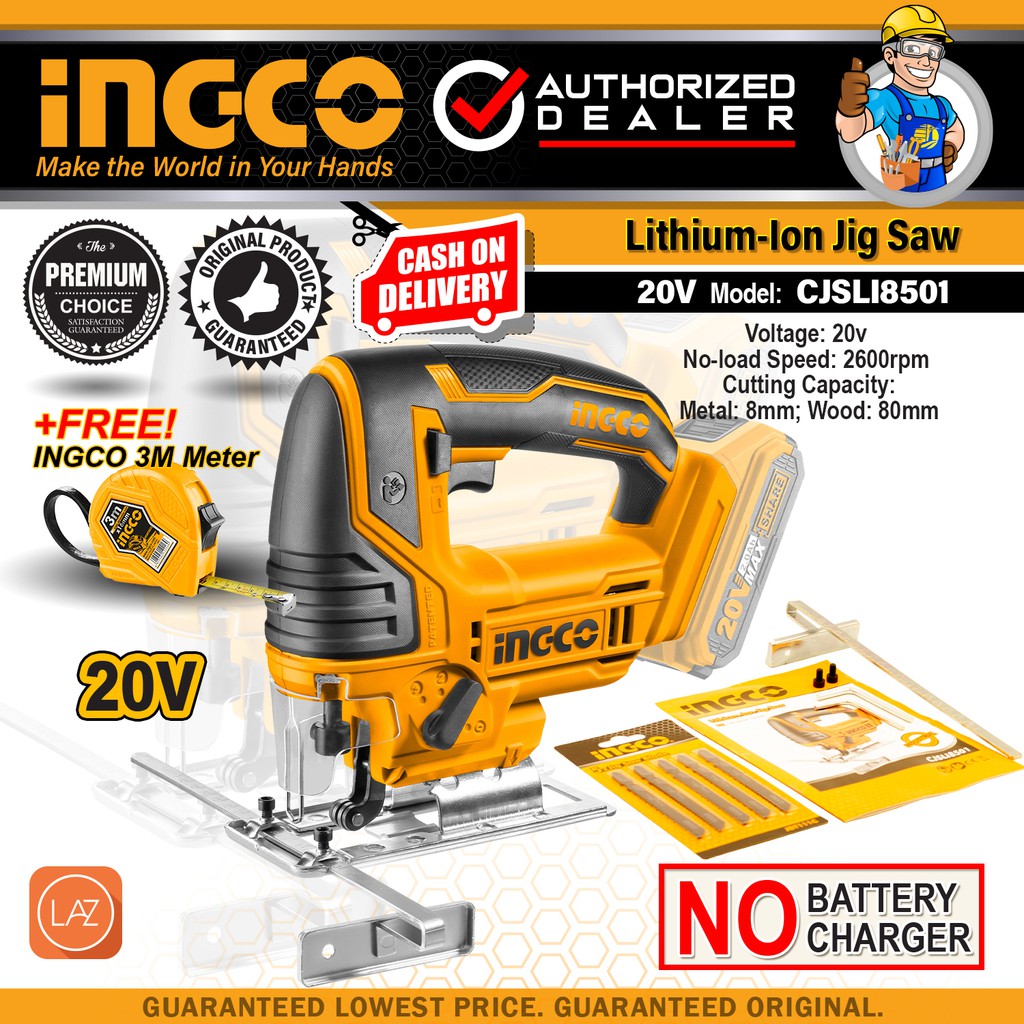 INGCO 20V Lithuim-Ion Jigsaw (CJSLI8501) + Free 5pcs Jigsaw Blade ...