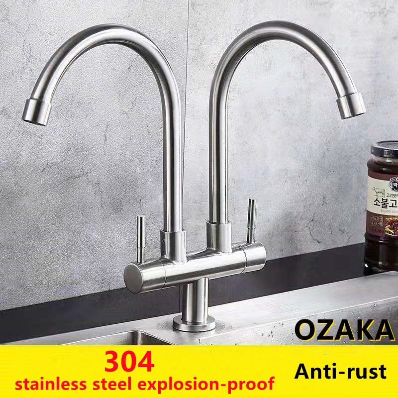 Double pipe double opening single hole single cold kitchen faucet 304 ...