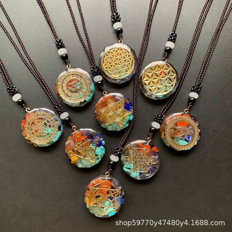 Natural 7 chakra Crystal chips Pendant Necklace OM Metatron Handmade ...