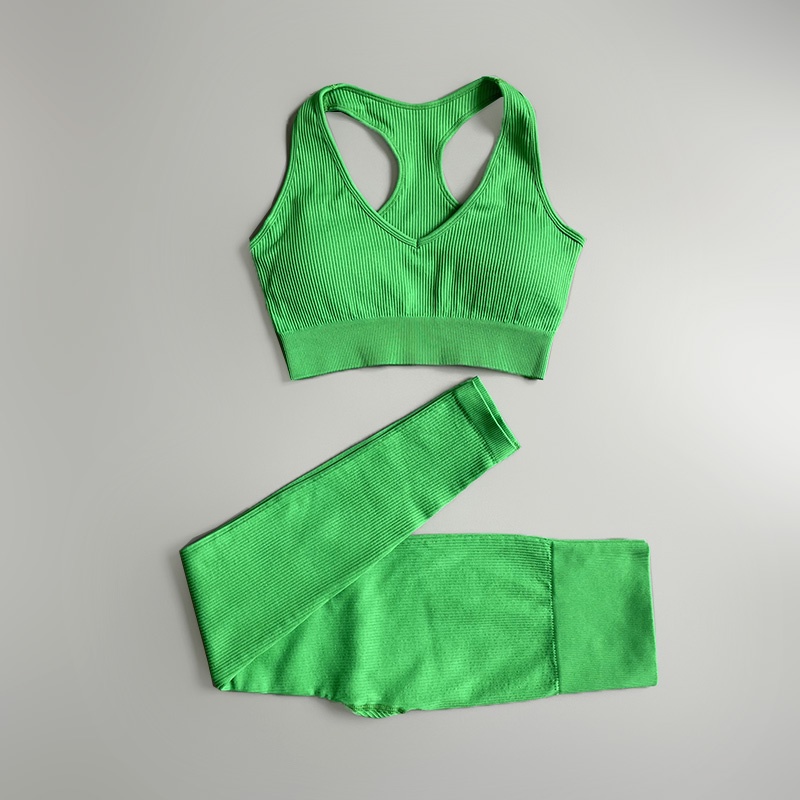 Seamless Gym Set Workout Clothes For Women V Neck Sports Bra High Waist Leggings Yoga Set 2 ...