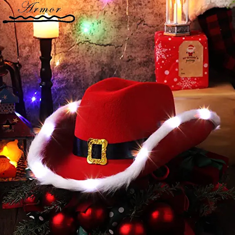 Red Santa Hat For Christmas Cowboy Hat For Women Men LED Light Up ...