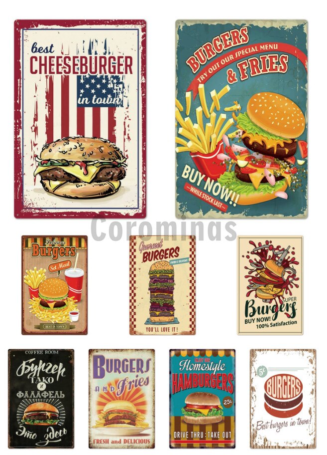 2024 Hamburger Metal Sign Plaque Pizza Vintage Fast Food Tin Sign Wall ...