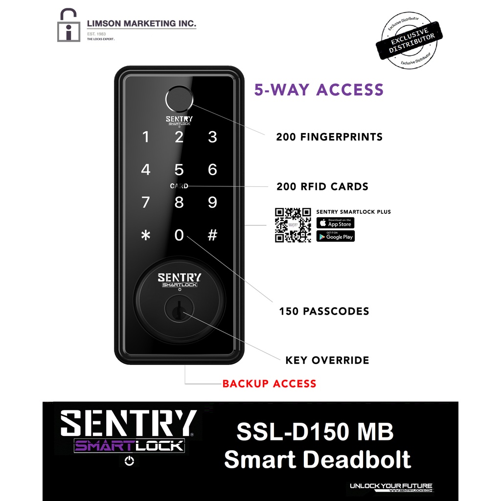 Sentry SSL D150-MB 5way Smart Deadbolt Matte Black Finish | Shopee ...