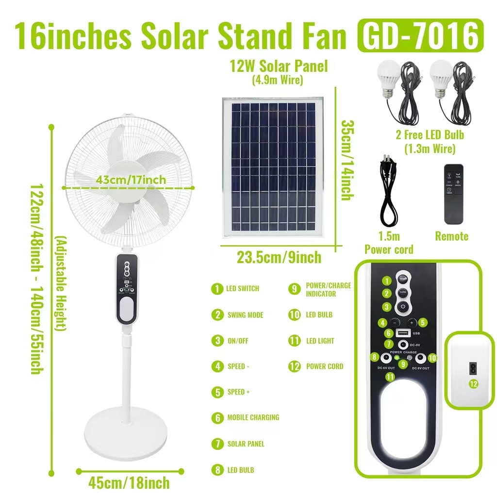 KUKU 16 inch AC/DC Dual Power Reachargeable Stand Fan Solar Fan GD-F16 ...