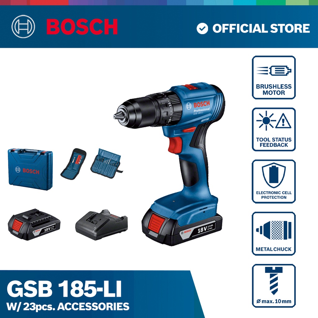 Bosch GSB 185 Li Professional Cordless Impact Drill w/ 23 accessories ...
