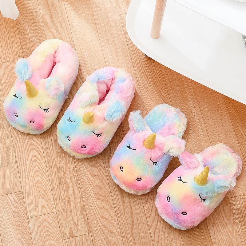 Rainbow Unicorn Slippers/Cute Fluffy Girls Slippers/Cozy Plush Indoor ...