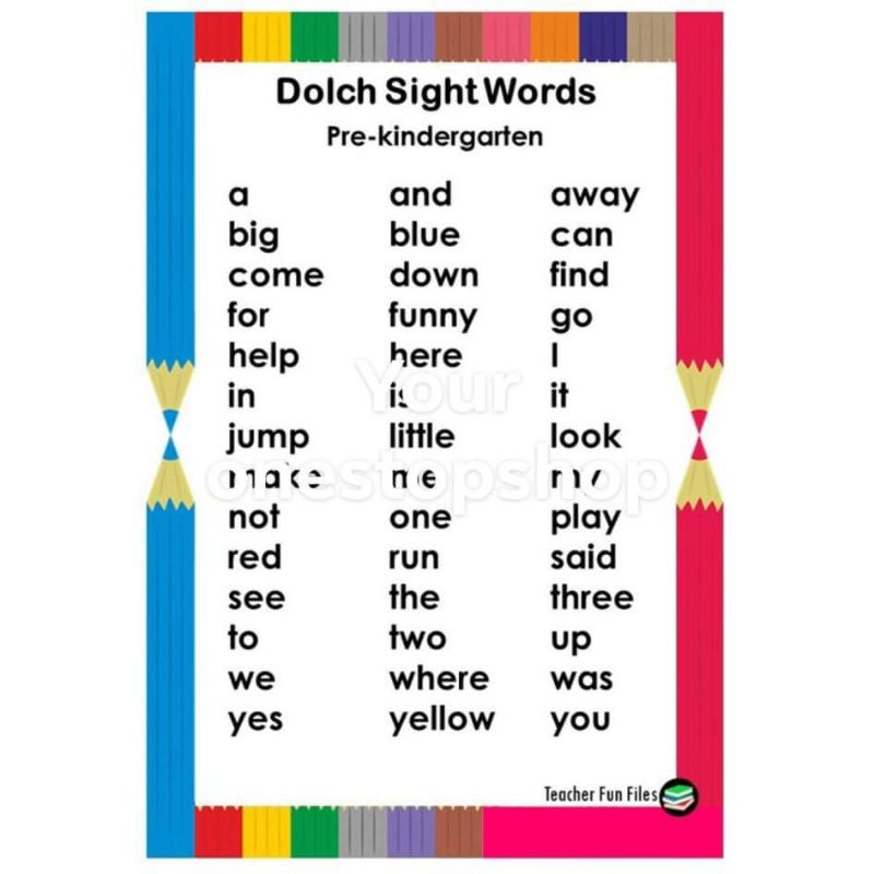 LAMINATED DOLCH SIGHT WORD FOR PRE KINDER 1 PC. | Shopee Philippines