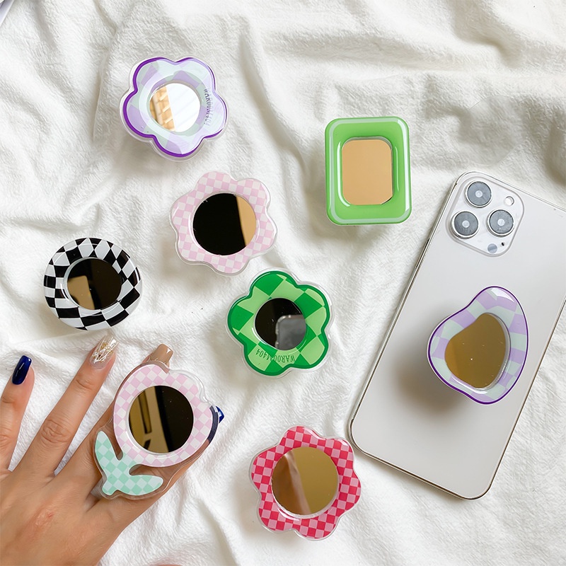 Cute Checkerboard Flower Mirror Color Bracket Plain Color Grip Griptok ...